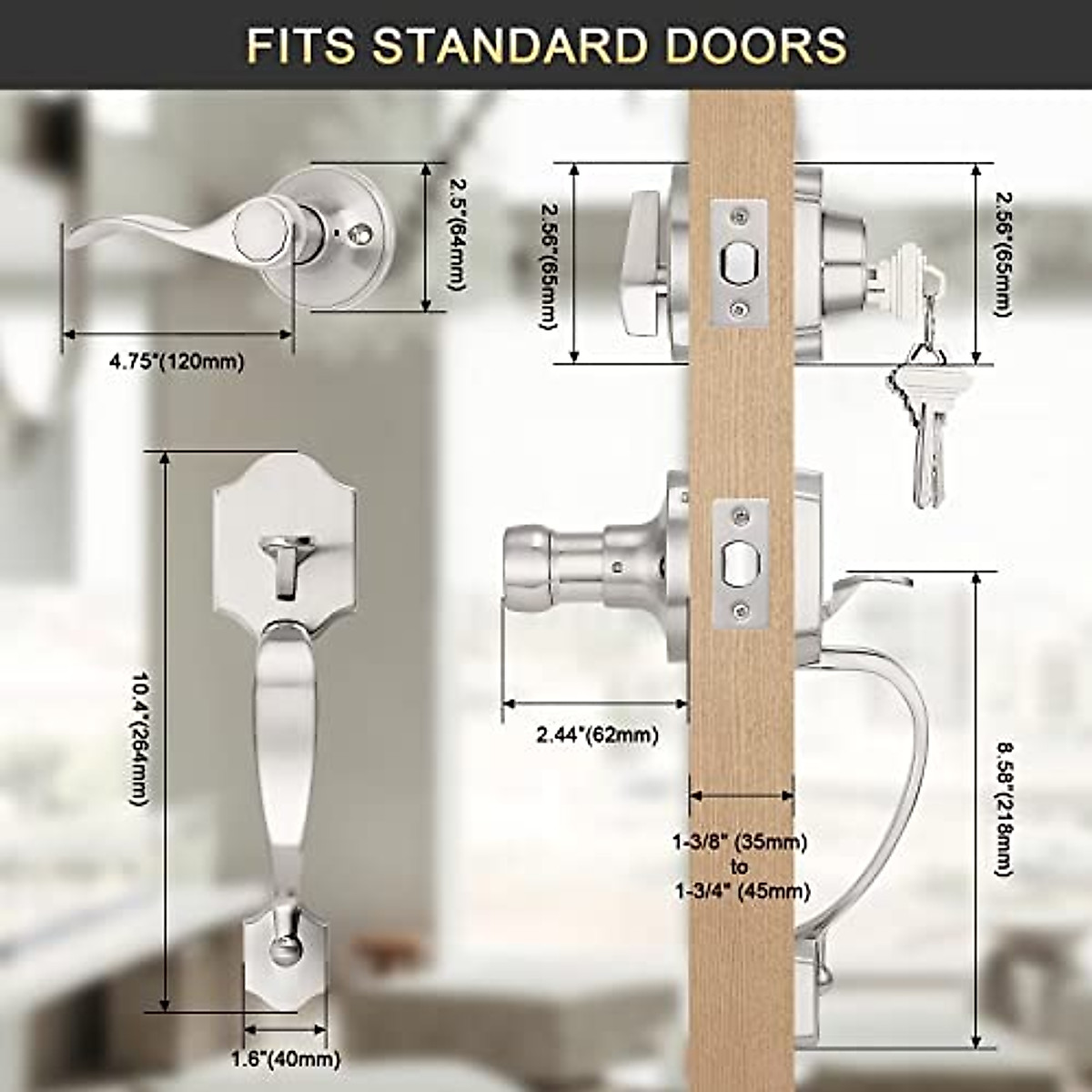 Tinewa 1 Pack Single Cylinder Deadbolt HandleSet with Lever Inside, Front Entrance Door Handle, Reversible Door Handle Set Satin Nickel Finish