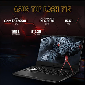Asus 2022 TUF Dash 15.6'' FHD 144Hz Gaming Laptop, Intel 12th Core i7-12650H, NVIDIA GeForce RTX 3070 Graphics 8GB GDDR6, 16GB DDR5 RAM, 512GB PCIe SSD, Backlit Keyboard, Win 11, Black, 32GB USB Card
