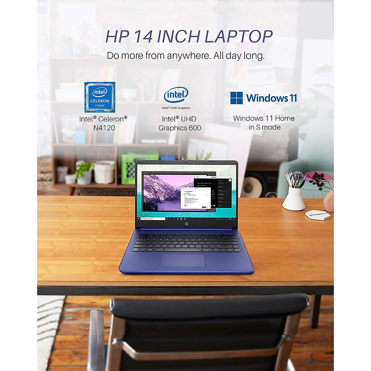 hp 2023 New 14" HD Screen Student Laptop, 12 Hours Long Battery Life,16GB RAM, 320GB Storage(64GB eMMC+256GB Micro SD Card), Quad-Core Intel Celeron N4120, UHD Graphics, WiFi, Blue, Windows 11 Home