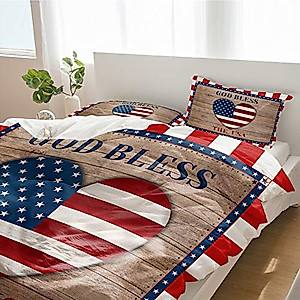 Independence Day Queen Duvet Covers American Flag Love Wood Plank 3-Piece Bedding Sets Luxury Soft Microfiber Bed Comforter Protector with Pillow Cases for Women Men Girl Boy Red White Plaid