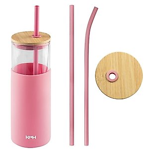 Klickpick Home 20 Ounce Glass Tumblers With Non Slip Silicone Sleeve And 3 Straws And 2 Wooden Fit Lid For Each Glass Water Bottle Tumbler BPA Free (Pink)