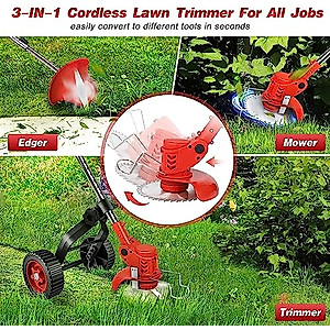 Weed Wacker Battery Operated Edger Trimmer 21V 2000mAh, Electric Weed Eater Cordless Brush Cutter, 3-in-1 Lawn Edger Grass Trimmer Adjustable Mini Lawn Mower, 8 Blades, 1 Wheel, 2 Batteries,1 Charger