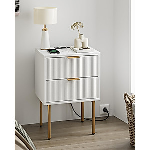 Aienvey Nightstand with Charging Station,Small Side Table with 2 Drawers, Bedside Furniture, White Night Stand, End Table with Gold Frame for Bedroom, Living Room, Stripe