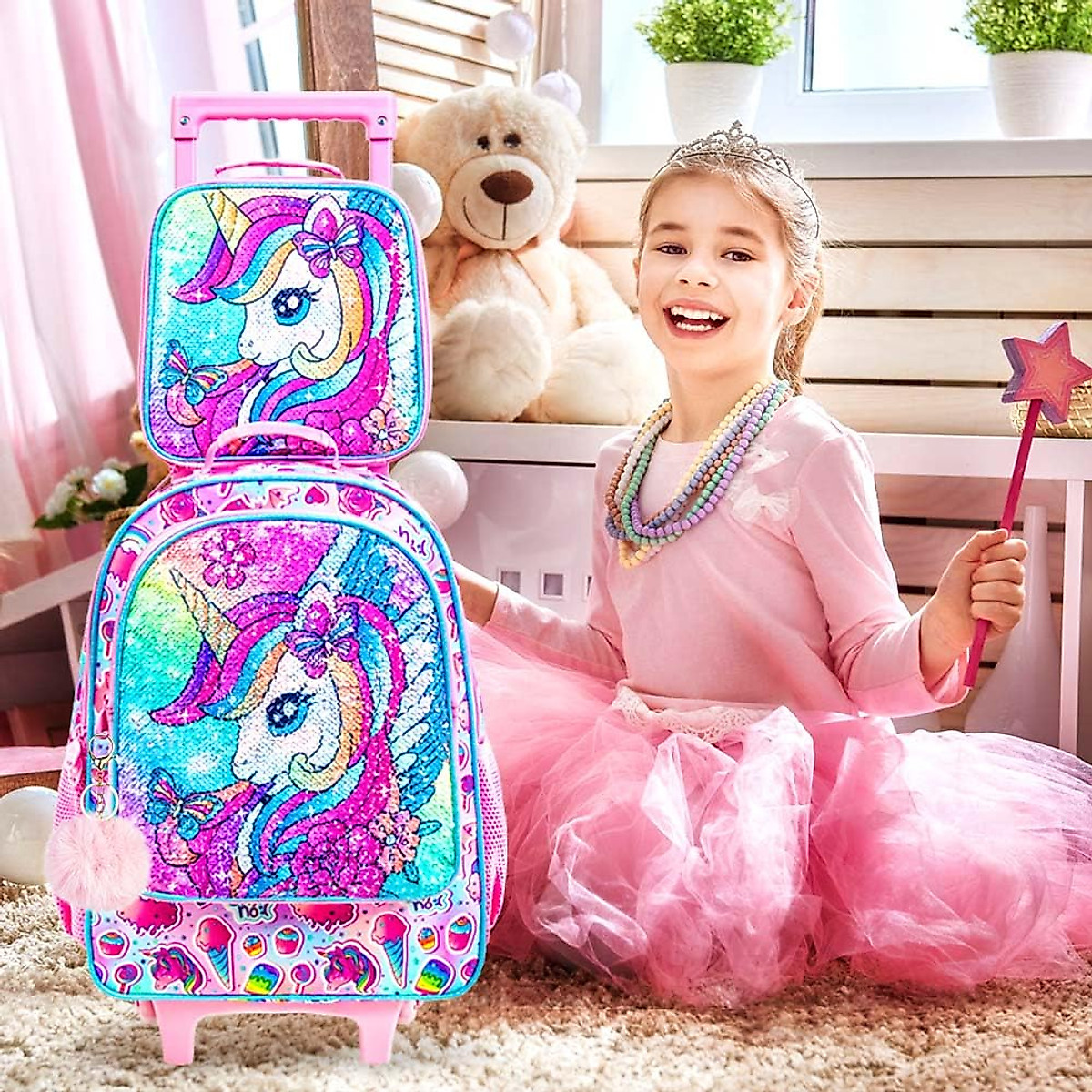 ZLYERT 3PCS Rolling Backpack for Girls, Unicorn Roller School Bag with Wheels for Kids, Wheeled Bookbag with Lunch Box for Children