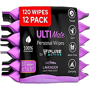 Body Wipes for Women - 12 Pack - 120 Extra Thick Deodorant Wipes - Rinse-Free Lavender Body Wipes - Wet Wipes for Body And Face (120 Wipes 6" x 8", Lavender)
