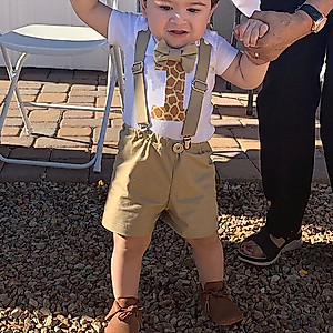Cake Smash Outfit Boy 1st First Birthday Baby Jungle Theme Wild One Bow Tie Romper+Shorts+Y-Back Suspenders 3PCS Wedding Baptism Gentleman Formal Party Clothes Photo Props Khaki 12 Months