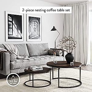 Nathan James Stella Round Modern Nesting Coffee Set of 2, Stacking Living Room Accent Tables with an Industrial Wood Finish and Powder Coated Metal Frame, Warm Nutmeg/Matte Black