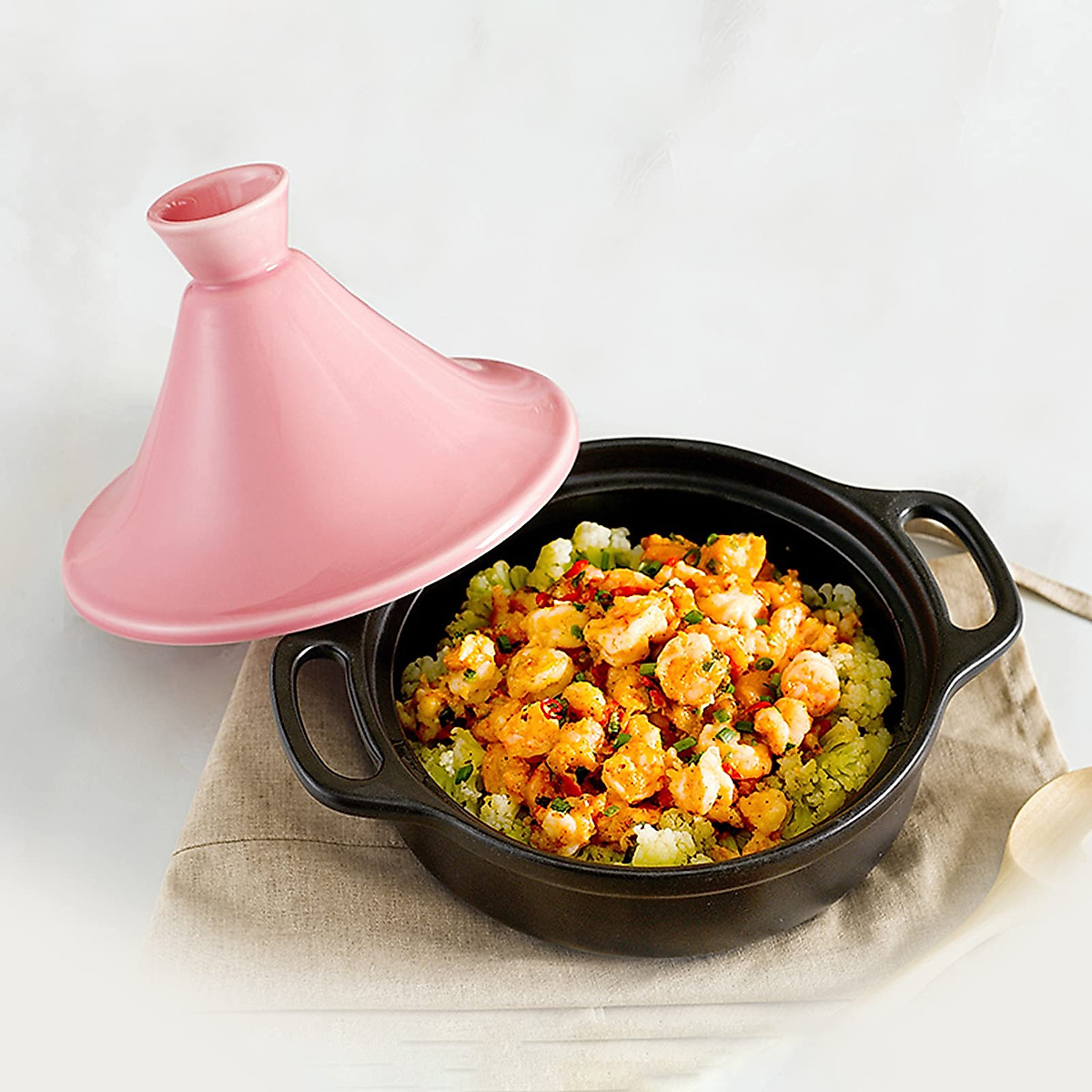 AIZYR Tagine Moroccan Ceramic Cooker Pot, Nonstick Cooking Tagine w/Ceramic Lid Cookware Stew Pan for Different Cooking Styles,Pink,8.5inch