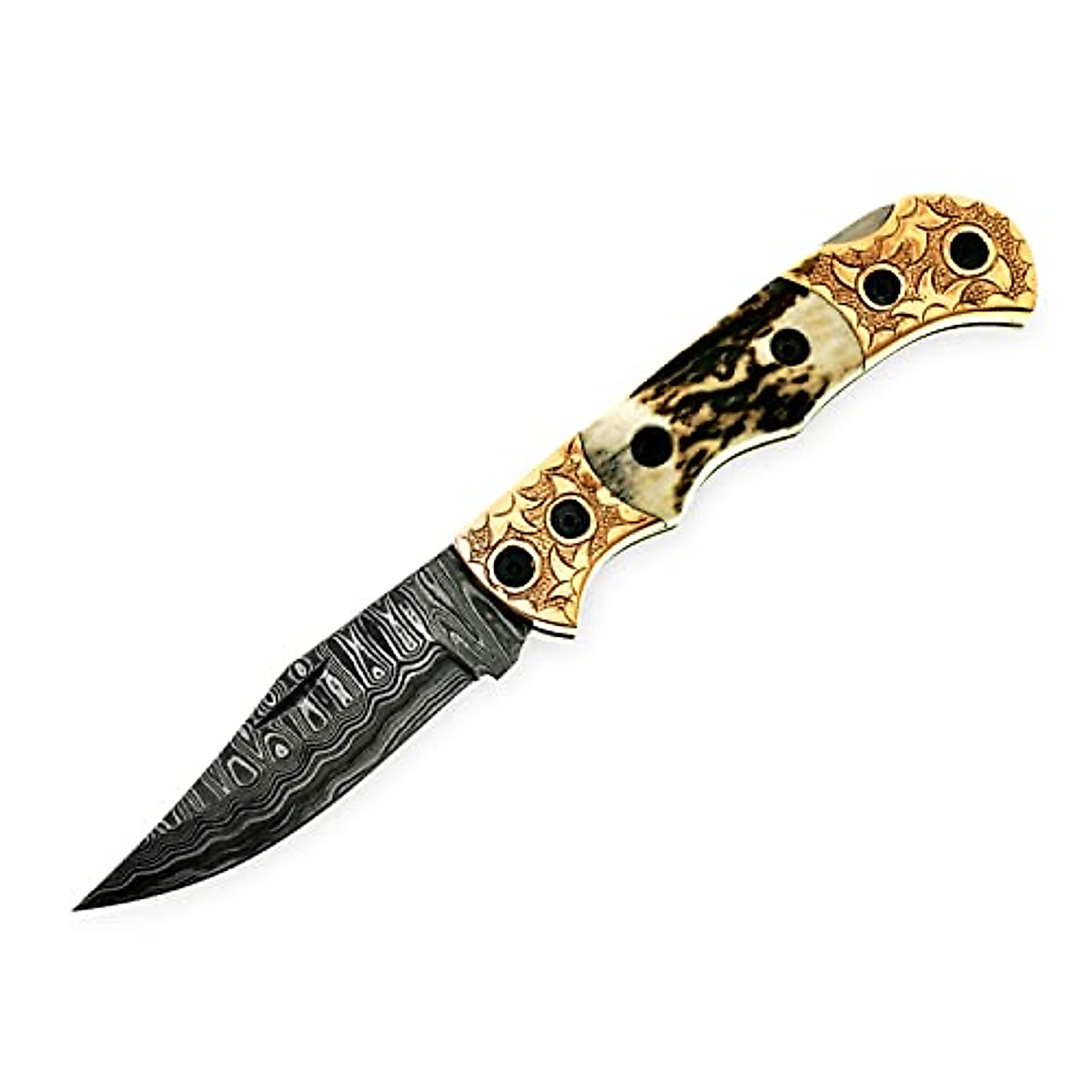 Back Lock Handmade Folding knife Pocket knife Damascus Steel Blade Back Lock Stag Horn Handle Leather Sheath BW-5160