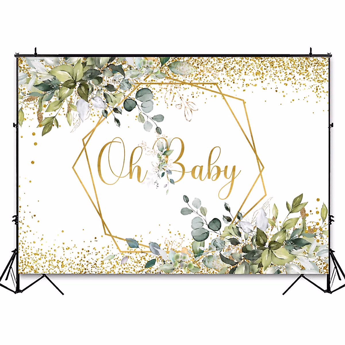 InMemory Greenery Oh Baby Baby Shower Backdrop Glitter Gold Eucalyptus Neutral Baby Shower Photography Background Green Leaves Boy Girl Newborn Oh Baby Gender Party Decoration Photo Booth Banner 5x3ft