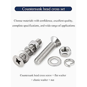 COYOUCO 200PCS M5X6/8/10/12/14Mm Flat Head Machine Screw Cross Recessed Threaded Countersunk Screw Bolt Nuts Flat Lock Washer201stainless Steel,M5*12 200