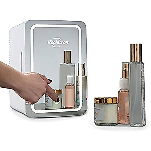 Koolatron Cosmetics Fridge w/Lighted Makeup Mirror, 6L Portable Skincare Refrigerator w/LED Ring Light, 12 Volt DC and 110 Volt AC Cords, Beauty Serum, Face Mask, Home, Travel, Hotel, Dorm, Office
