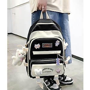 LaurelTree Kawaii Aesthetic Cute 5pcs School Bags Set with Accessories School Suppliers for Teens Girls Backpack Tote Bag (Black)