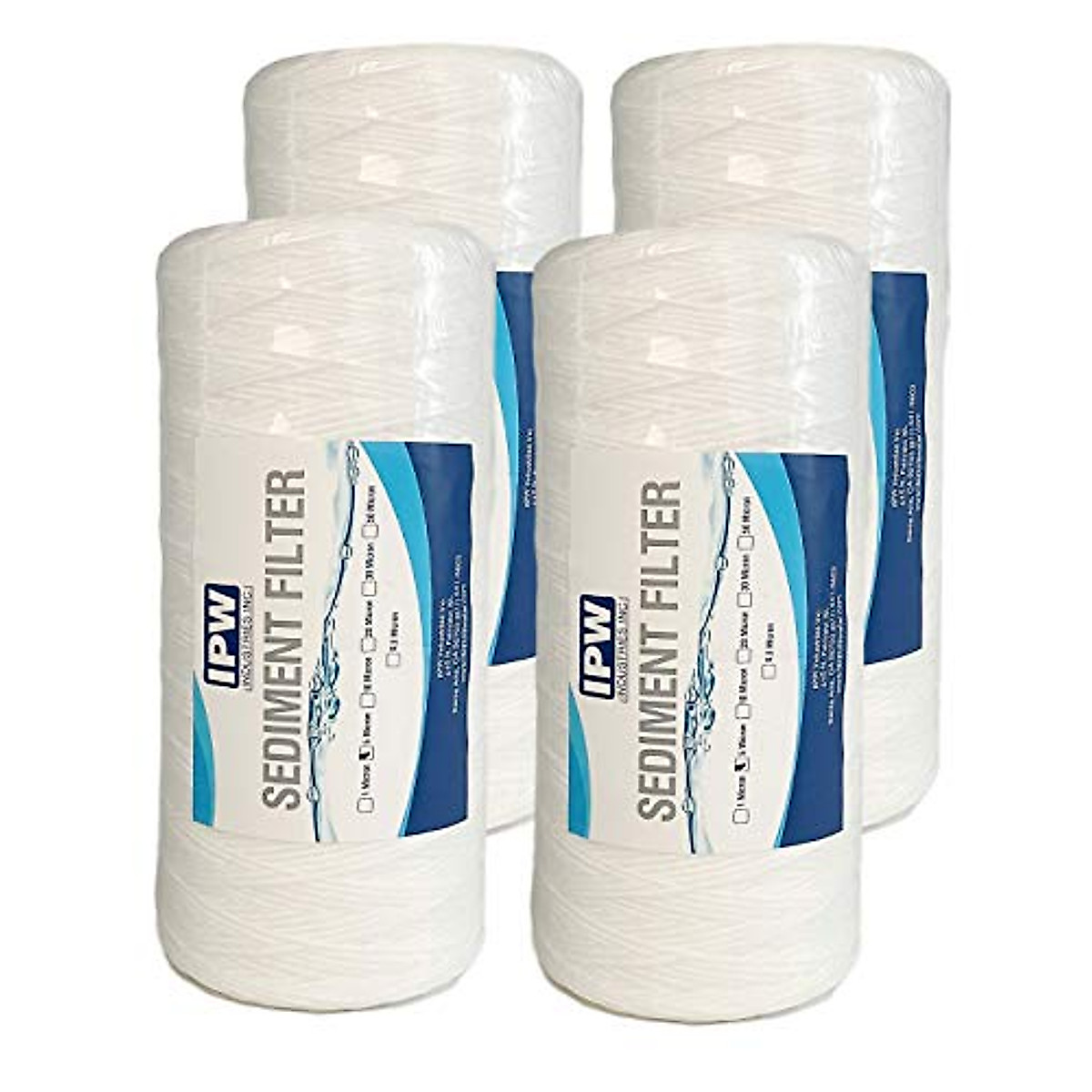 IPW Industries Inc. Whole House Sediment Water Filter - 5 Micron String Wound Filter - Full Flow Filter 10" x 4.5" Filtration Systems (4 Pack of Filters)