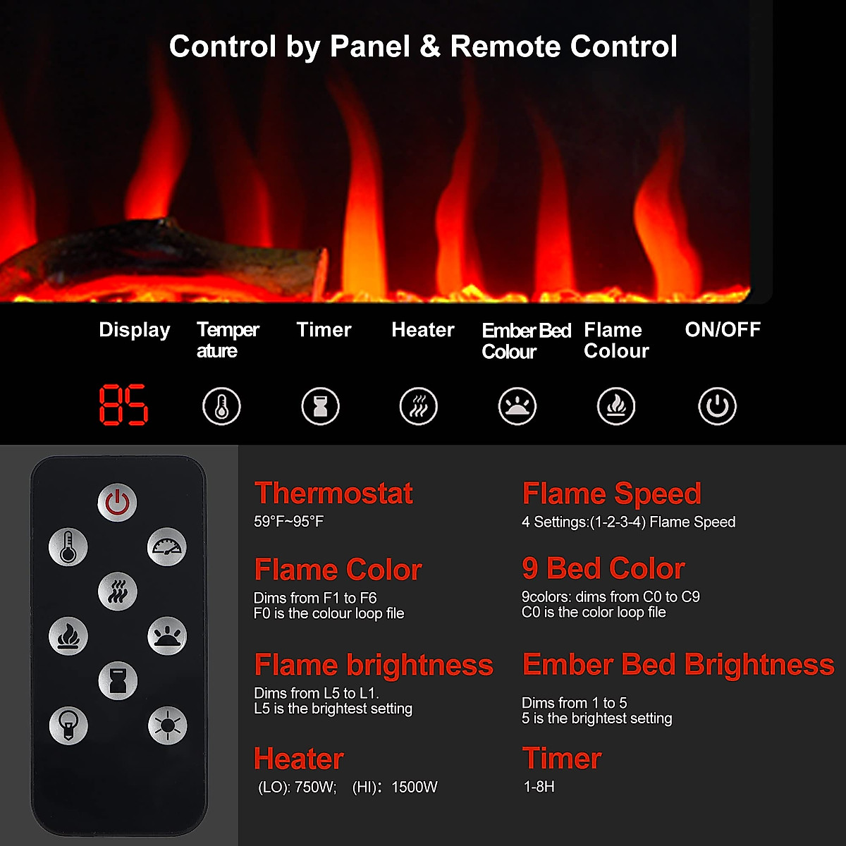 KEGIAN 50" Electric Fireplace, Wall Mounted and Recessed Electric Fireplace Inserts with Remote Control, Adjustable Flame Color, 750w/1500w, Black…