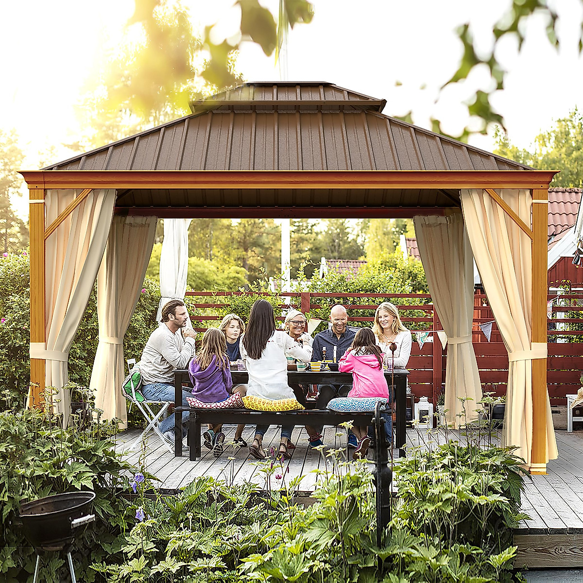 Hardtop Gazebo 12' x 14' W/Steel Double Roof, Anti-Rust Coating Aluminum Frame Permanent Outdoor Waterproof Pavilion w/Curtains & Netting, Hard Top Gazebo for Patio Backyard Garden Lawn Deck Parties