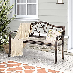 Sophia & William Outdoor Garden Park Bench Patio Metal Bench, Steel Frame Bench with Backrest and Armrests for Porch, Lawn, Balcony, Backyard and Indoor, Bronze