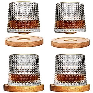 Cyauatt Spinning Whiskey Glasses 6.2oz Set of 4,Rotatable Tumbler Crystal Glasses with Bamboo Coasters,Rotating Old Fashioned Glasses,Perfect Drinking Gifts Suitable for Scotch,Brandy,Cocktail,Rum