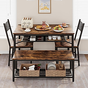 IDEALHOUSE Dining Table Set for 4, Kitchen Table and 2 Chairs with Storage Bench, 47.2" Rectangular Kitchen Table Set with Wine Rack, Dining Room Table Set for Small Space, Apartment, Rustic Brown