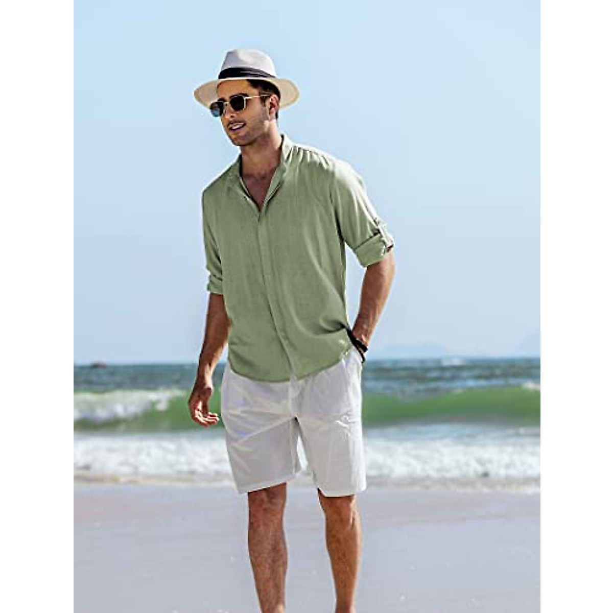COOFANDY Linen Shirts Casual Men Lightweight Beach Shirts Long Sleeve Summer Button Up Shirt Green