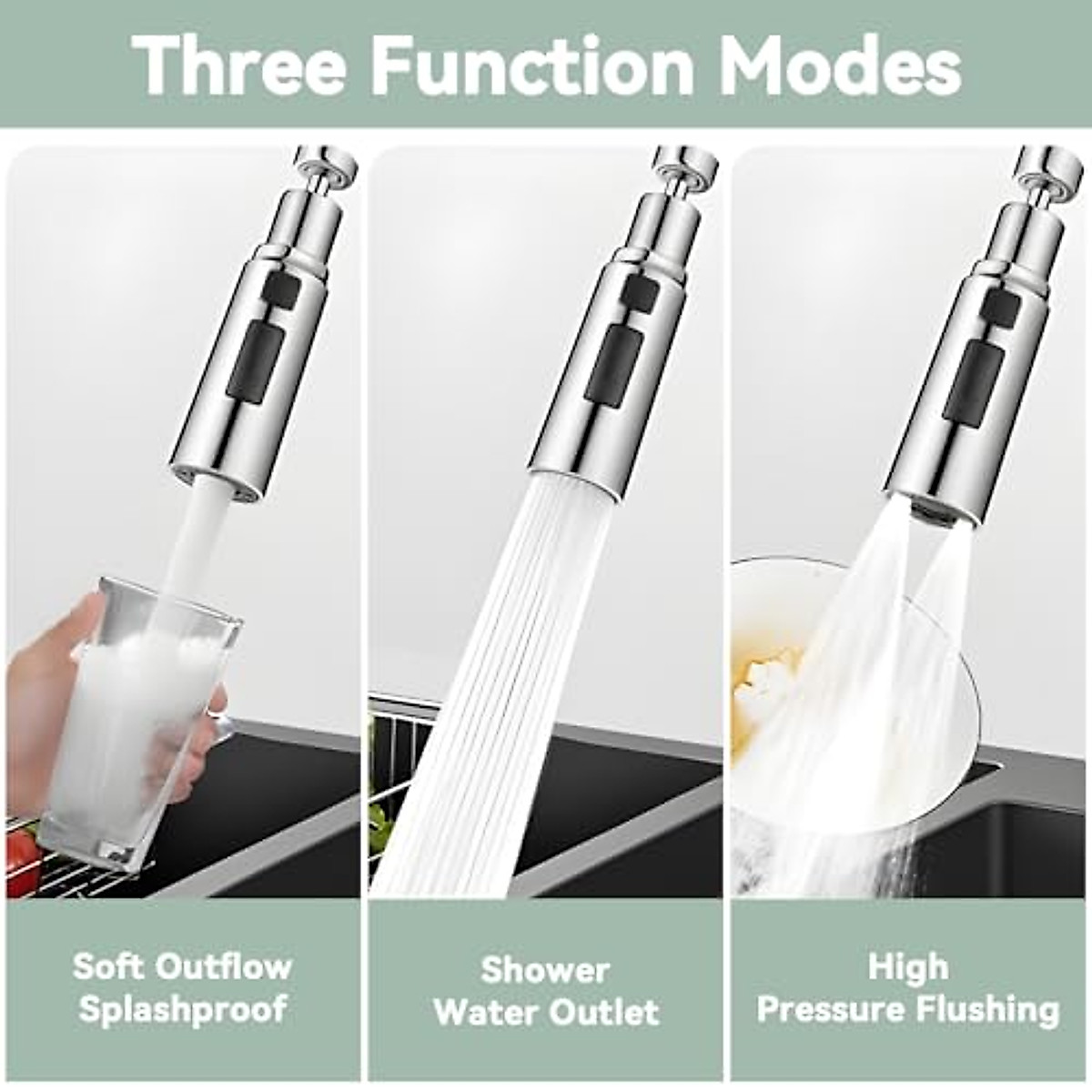 Fozite Pull Down Spray Head for Kitchen Faucet, Sink Aerator, 360° Twist Spray Attachment, 3-Function Spray Mode Design, Faucets Replacement Part for Kitchen Sink, Fits Most Standard Pull-Out Hose