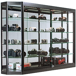 Displays2go Wall Hanging Display Cabinets for Retail Stores, (4) Tempered Glass Shelves, Aluminum Frame – Black (WC6012LEDB)
