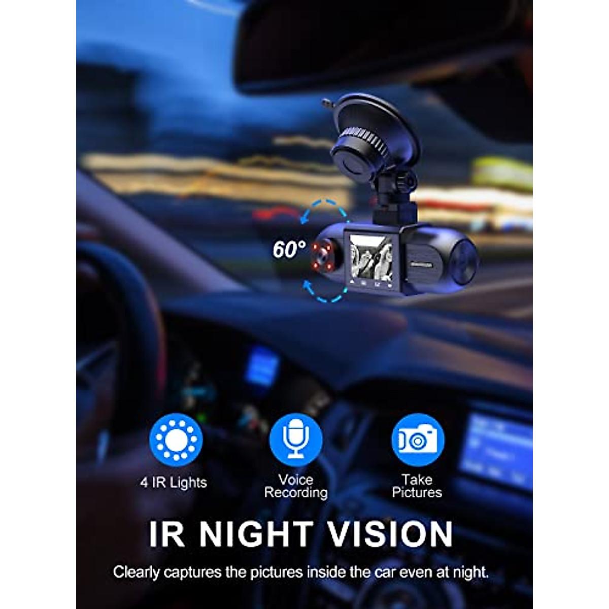 Dual Dash Cam 1080P, Dash Cam Front and Inside, Dash Camera for Cars with 32GB SD Card, Infrared Night Vision, 1.5 inch IPS Screen, Loop Recording, Accident Lock, WDR, Parking Monitor for Taxi Driver