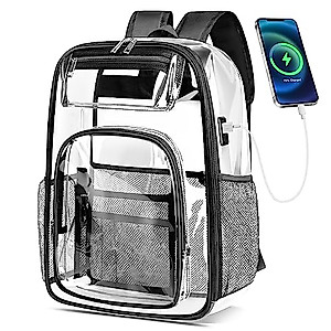Clear Backpack, XXL Large Heavy Duty PVC Transparenet Backpacks with USB Charging Port,School Clear Bookbag Stadium Approved See Through Clear Backpacks for Women Men Kids Travel Work Security College