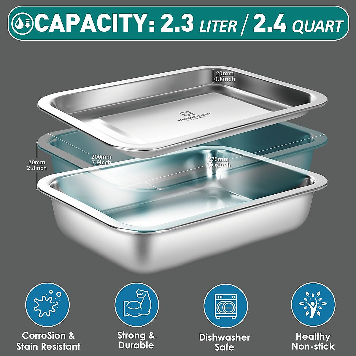 Stainless Steel Food Prep Container with Rack & Lid (Tray), 2.4Quarts, Catering Pans, Restaurant Pans, Buffet Party Pan, Roasting Pan with Rack, Bakeware Roaster, Oven Casserole (1305 / No5)