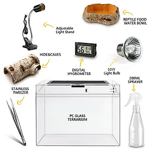 Reptile PC Terrarium, Anti Breakage 15.6x8x10 inch Amphibians Tank Starter Kits, Top Sliding Door Screen Ventilation Mini Habitat Cages, Hygrometer Thermometer, Hide Cave, Tweezer, Sprayer