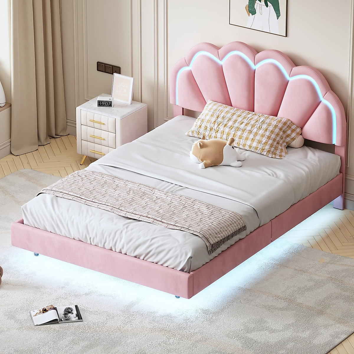 Merax Luxury Full Bed Frame, Upholstered Platform Bed with Velvet Headboard and Led Light/Mattress Foundation/Easy Assembly, Pink