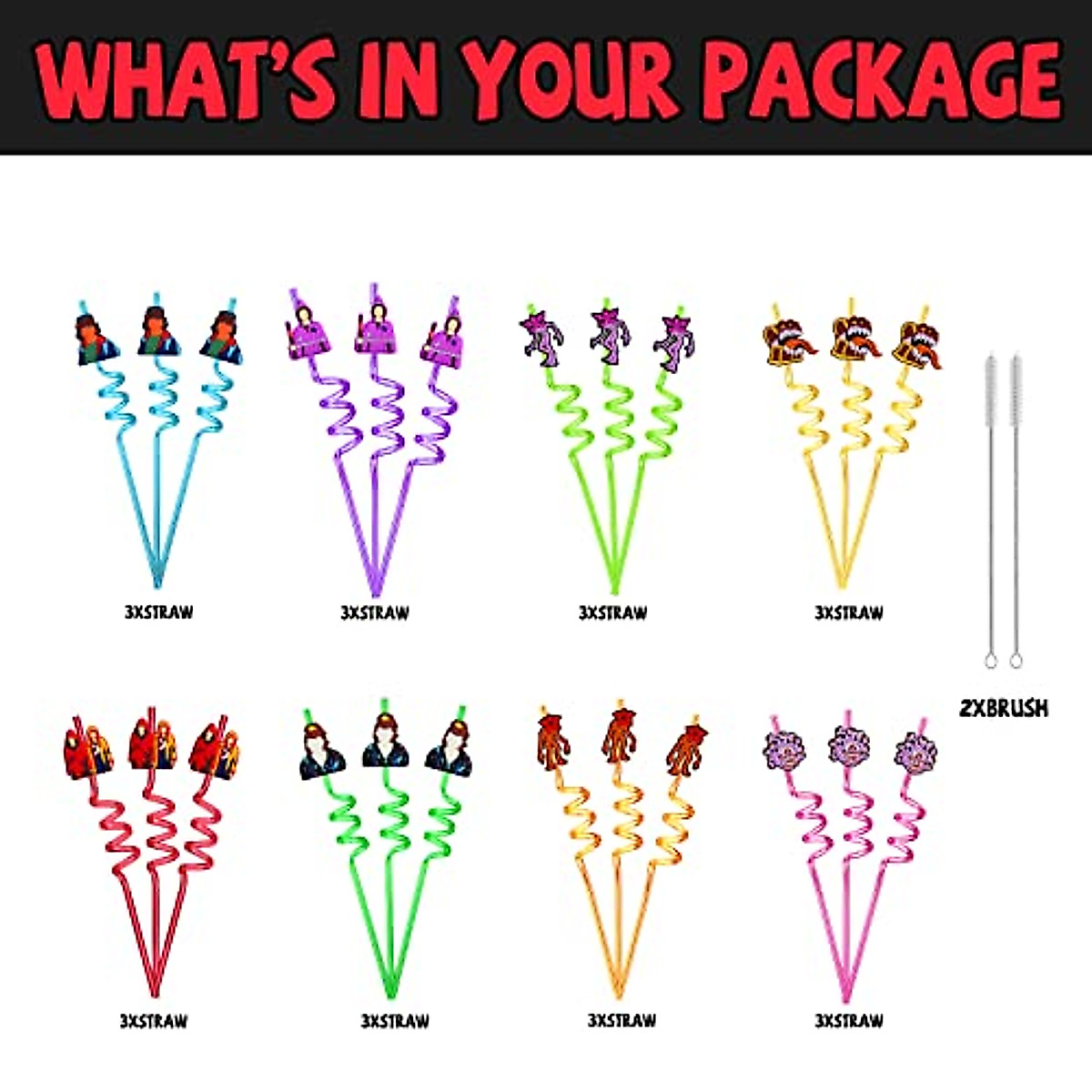 24 Stranger Inspired Things Party Favors Reusable Drinking Straws 8 Designs Great for Stranger Inspired Things Birthday Party Supplies with 2 Cleaning Brushes