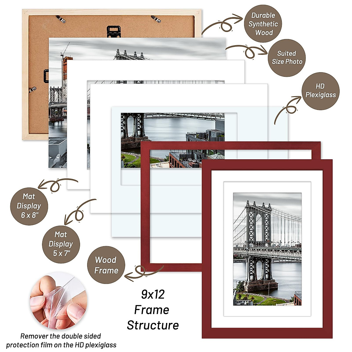 UHFWIFR 9x12 Picture Frames Solid Wood Display Pictures 6x8 or 5x7 with Mat or 9x12 Frame without Mat Poster Photo Frame Art with 2 Mats for Wall Mounting or Table Top(Red)