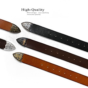 BS040-S5521 Floral Engraved Western Fashion Style Full Grain Leather Belt 1-1/2" (38mm) Wide - Antique Gold (Black, 30)