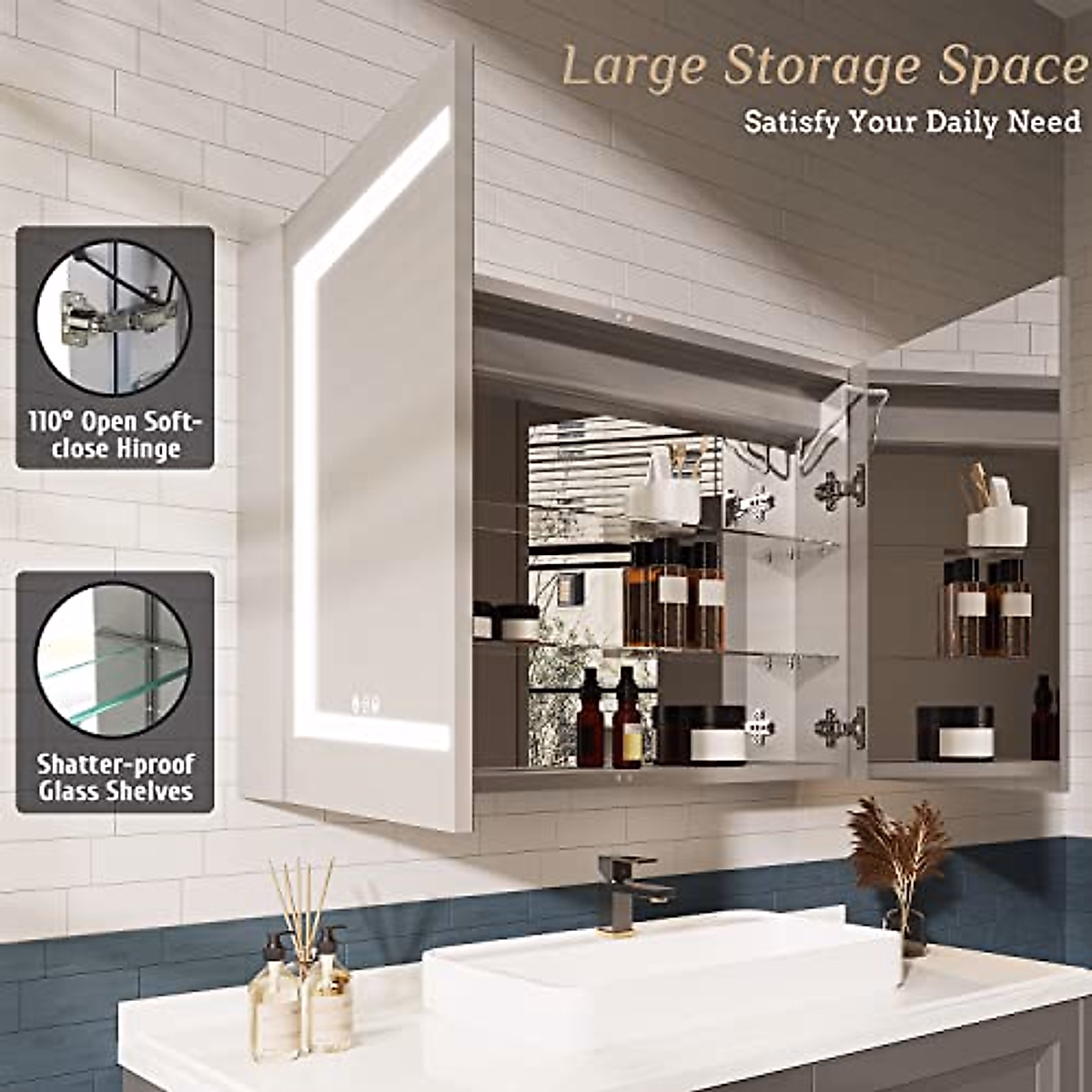 LIGMIRR Bathroom Medicine Cabinet with Lights, 36×24 Inch LED Medicine Cabinet with Mirror, Wall Cabinet with Shelves, Double Door Lighted Medicine Cabinet with Defogger, Dimmable, Wall Mount