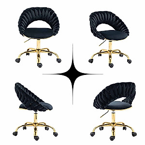 Goujxcy Modern Velvet Desk Chair, 360°Swivel Home Office Computer Task Chair with Woven Mid Back & Gold Legs, Cute Vanity Chair for Women Girls, Armchair for Living Room Bedroom,Black
