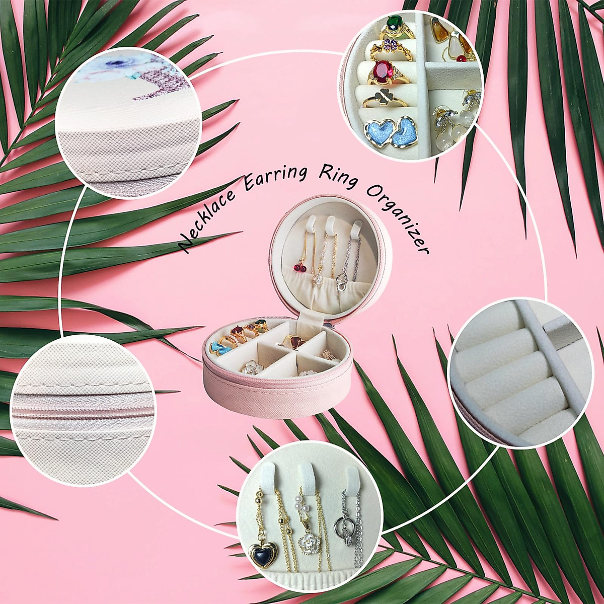 Travel Jewelry Case Travel Portable Personalized Pink Flower Jewelry Box for Necklace Earring Ring Organizer Storage Holder Boxes Accessory Unique Birthday Gifts for Women Teen Girls Initial I