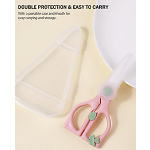Baby Food Scissors Kicthen Shears -2Pack Portable Healthy Cute Kids Ceramic Scissors with Safety Lock and Storage Travel Case - Ideal for Cutting Meat, Chicken, Vegetables, and Fruits (Pink+Green)