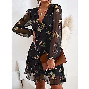 CUPSHE Women's Mini Dress Floral Print Chiffon Flowy Dresses Long Sleeve Dress for Women