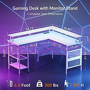 FEMOND L-Shaped Gaming Desk with LED Lights, Modern White Computer Desk, 55 Inch, 3 Shelves, 1 Adjustable Shelf, Perfect for Home Office, Gaming Setup, and Small Places