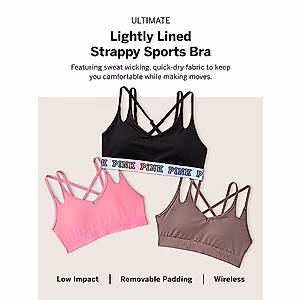 Victoria's Secret Pink Ultimate Strappy Sports Bra, Low Impact Bras for Women, Multi Black, (XL)