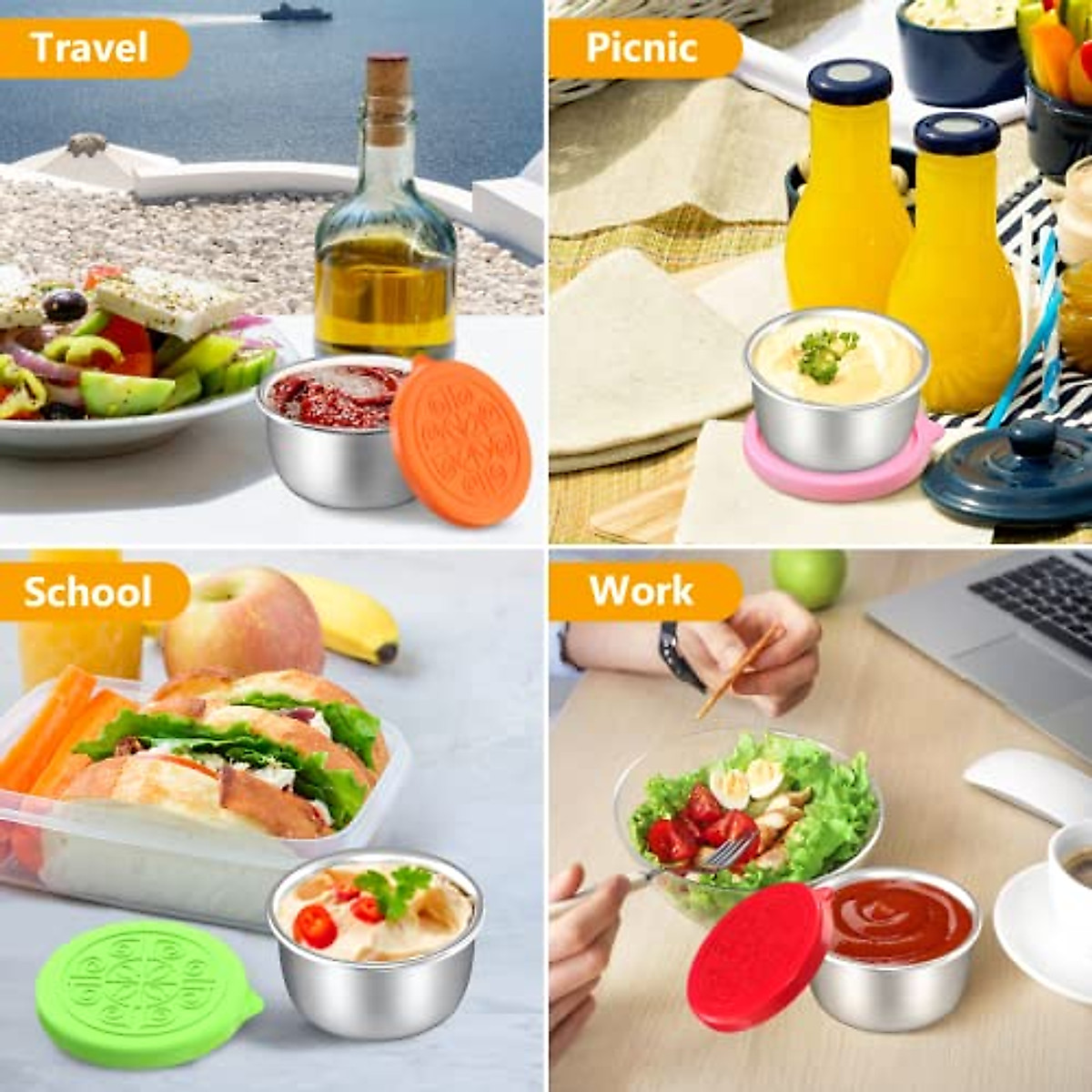 Stainless Steel Condiment Containers with Lids, 4 x1.7 oz Salad Dressing Container To Go, Leakproof Reusable Sauce Container with Silicone Lids, Small Dipping Sauce Cups for Lunch Box Picnic Travel