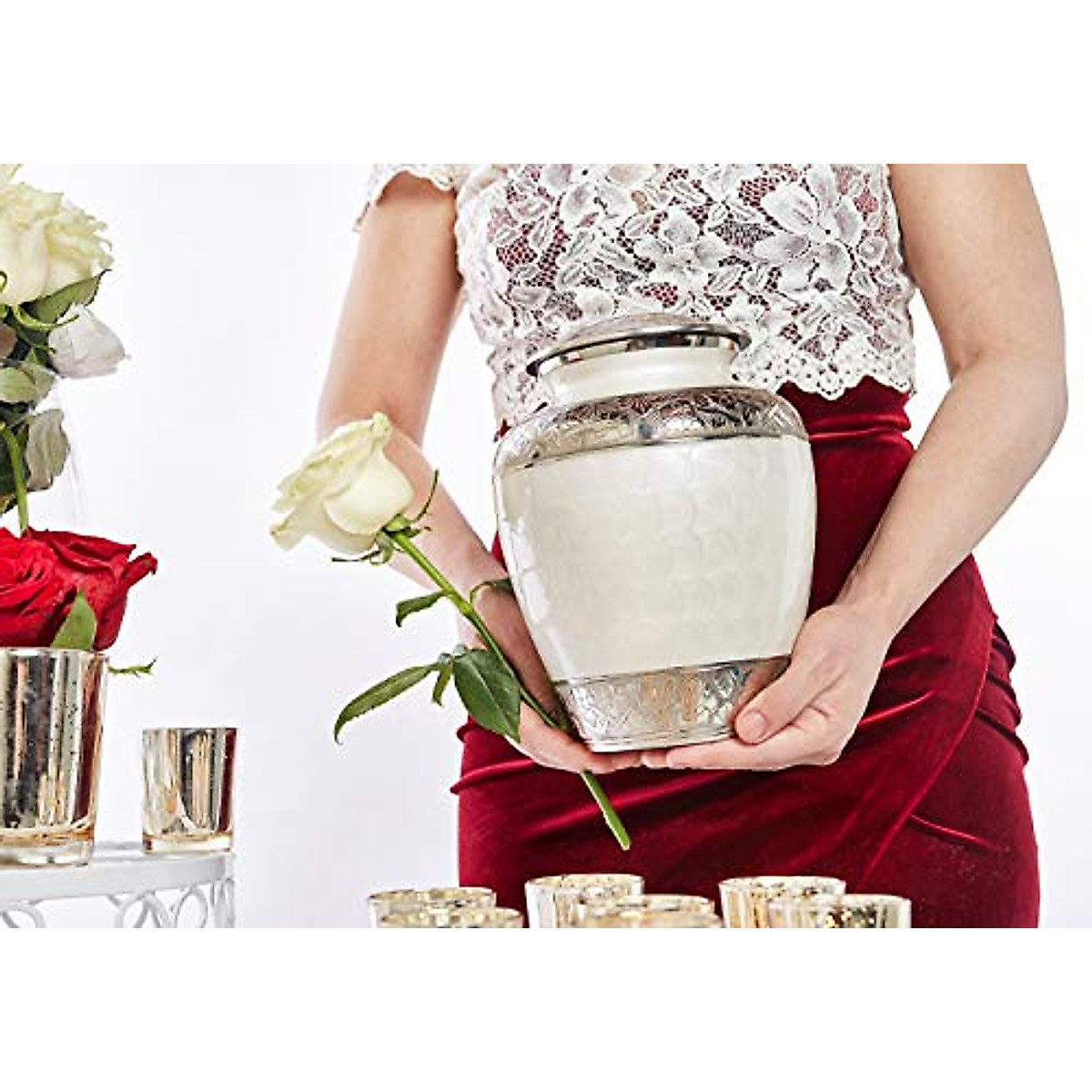 Urn for Human Ashes Adult Memorial urn Funeral Cremation Urns Large Burial Urns for Ashes - The Pearl Rose Adult Urn Large Size