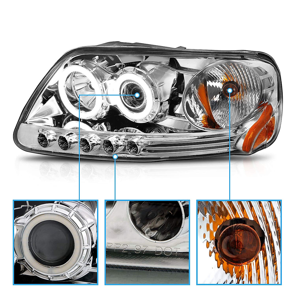 AmeriLite for 1997-2003 Ford F150 F-Series Expedition Chrome Projector Replacement Headlights Assembly Xreme LED Halos Included Bulbs - Passenger and Driver Side