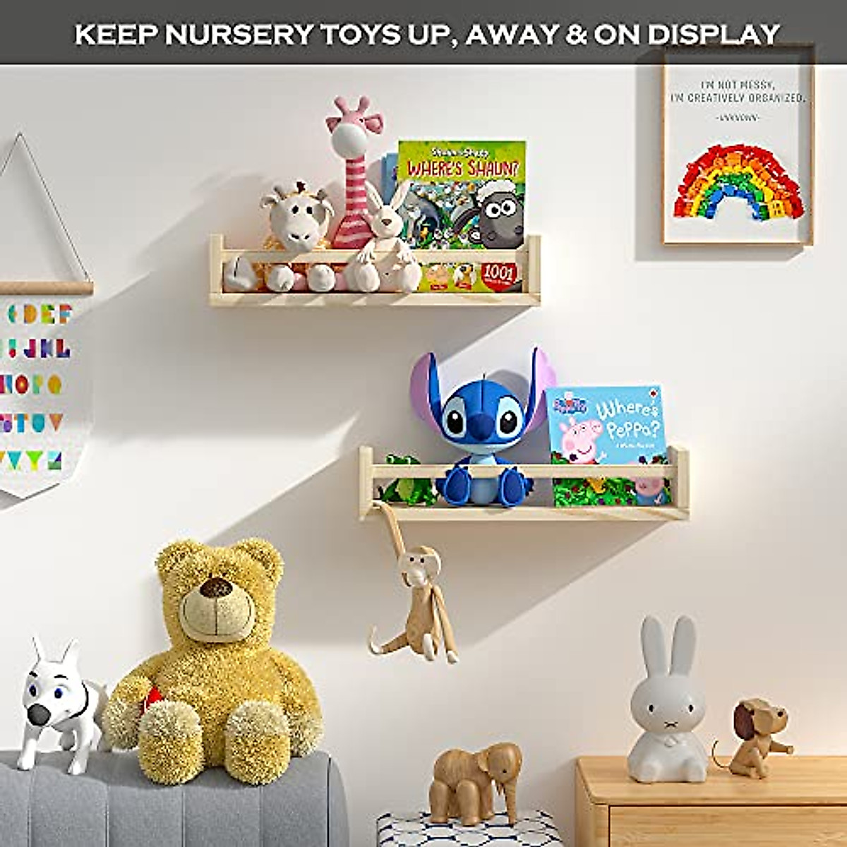 Classic Nursery Shelves, Set of 2 Natural Wood Floating Book Shelves for Kids Room, Wall Shelves for Bathroom Decor, Kitchen Spice Rack, Book Shelf Organizer for Baby Nursery Décor (16.5Lx4W)