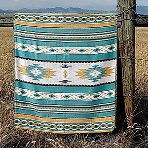 Aztec Patterned Throw Blanket with Soft Sherpa Lining, Traditional Southwestern Navajo Tribal Style Warm Throw for Camping, Outdoor, Light Weight Cozy Boho Blanket for Couch, Sofa, Bed, 60”x80”, Teal