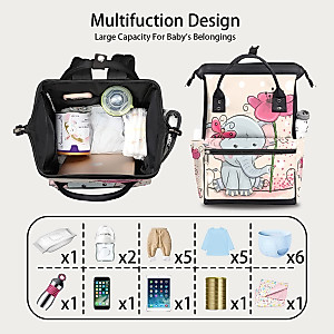Lovely Elephant Butterfly Flower Diaper Bag Backpack Multi-Function Organizer Large Capacity Waterproof Nappy Bags for Mom Dad Women Men