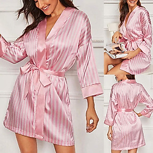 Womens Dressing Gown Satin Kimono Robe Ladies Silk Stripe Bathrobe Oblique V-Neck Short Robes for Bride Bridesmaids,Wedding Party Loungewear Plus Size Sleepwear Nightwear Pajamas Short S-XXL Pink