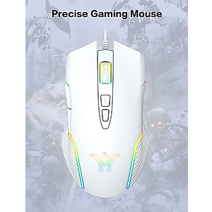 PHNIXGAM Wired Gaming Mouse, Ergonomic RGB Computer Mouse with RGB Backlight, Adjustable DPI UP to 6400, 7 Programmable Buttons for Windows Vista Linux (White)