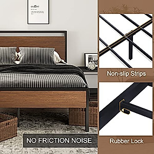 SHA CERLIN 14 Inch Queen Size Metal Platform Bed Frame with Wooden Headboard and Footboard, Mattress Foundation, No Box Spring Needed, Large Under Bed Storage, Non-Slip Without Noise, Walnut